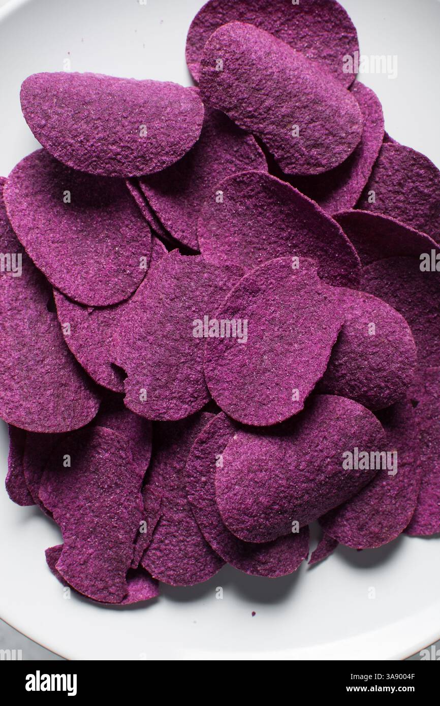 Overhead view of purple sweet potato chips, top view of ube chips ...