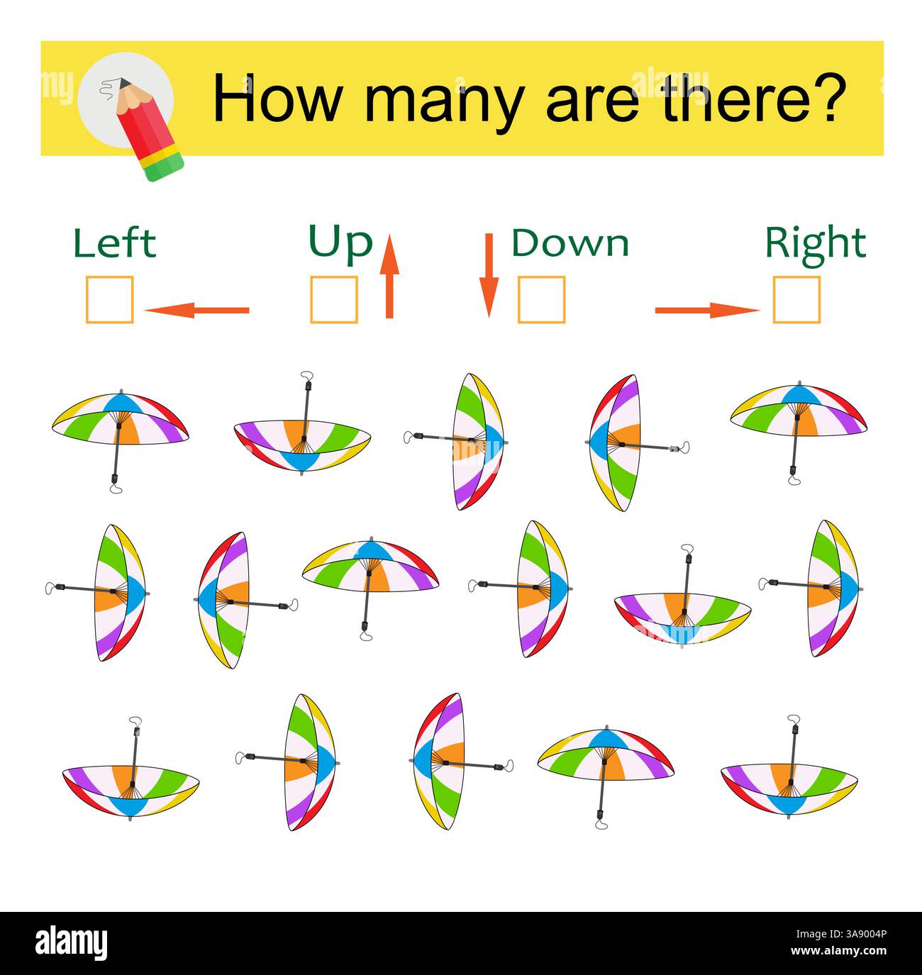 Left or Right. Logic game for kids. Count how many umbrellas are turned ...