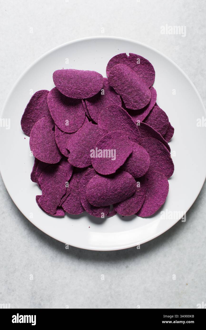 Overhead view of purple sweet potato chips, top view of ube chips ...