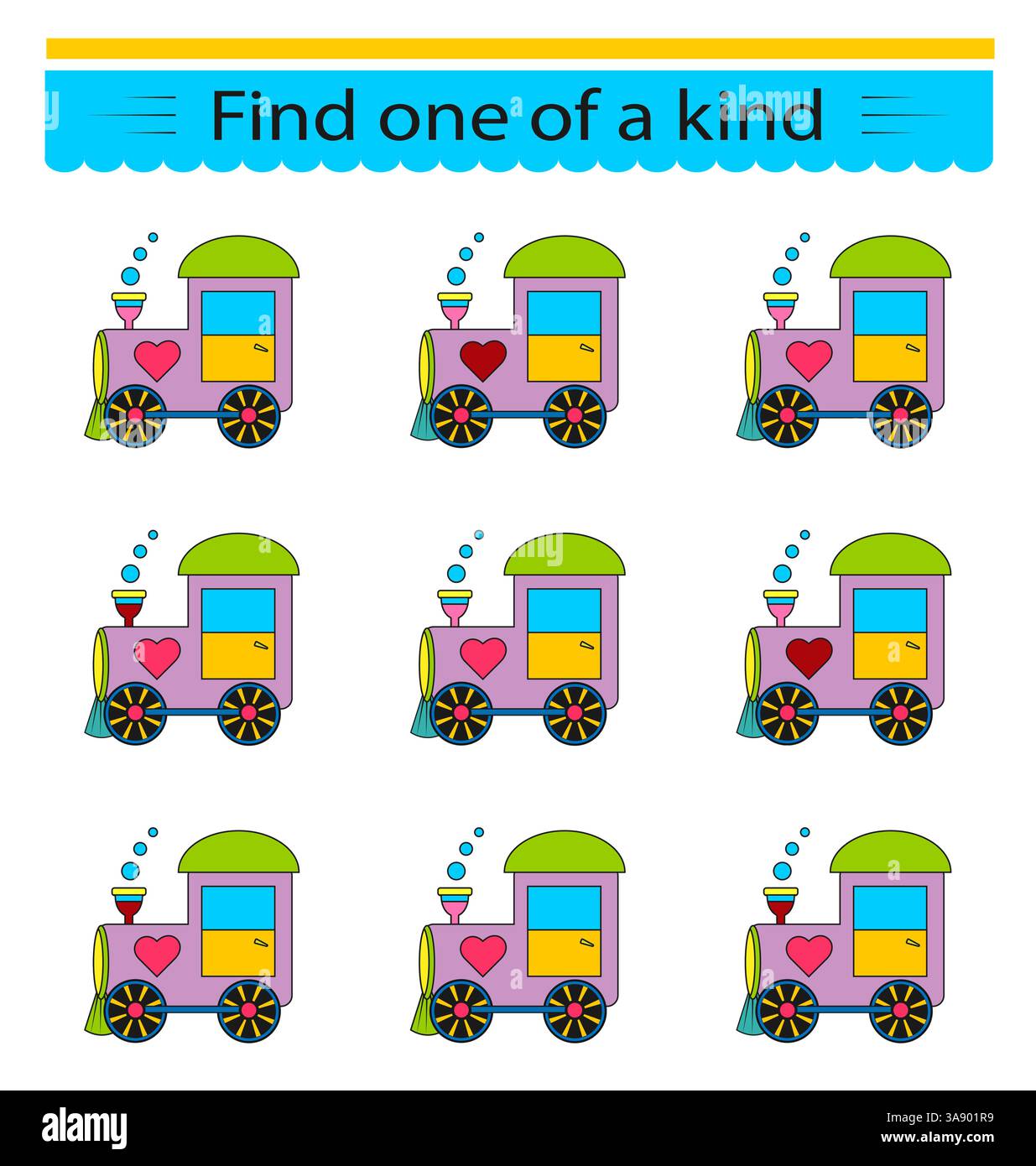 Task for development of attention and logic. Need to find one of a kind train. Kids activity ...