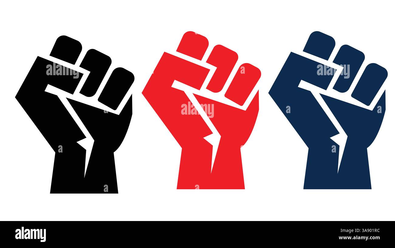Black raised fist protest symbol icons. Hands clenched power symbol ...