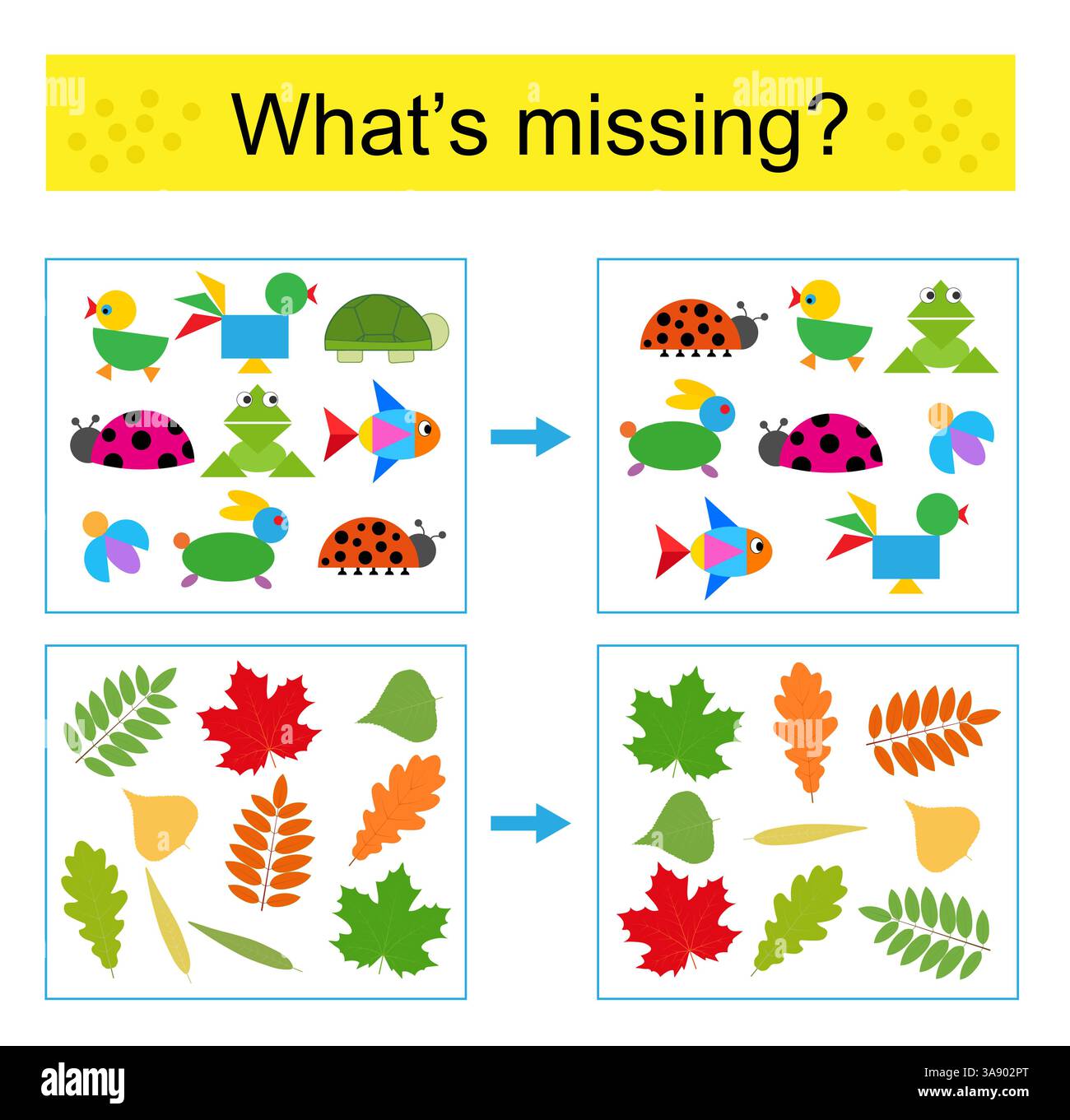 Puzzle game for kids. Task for the development of attention and logic. Find the missing object ...