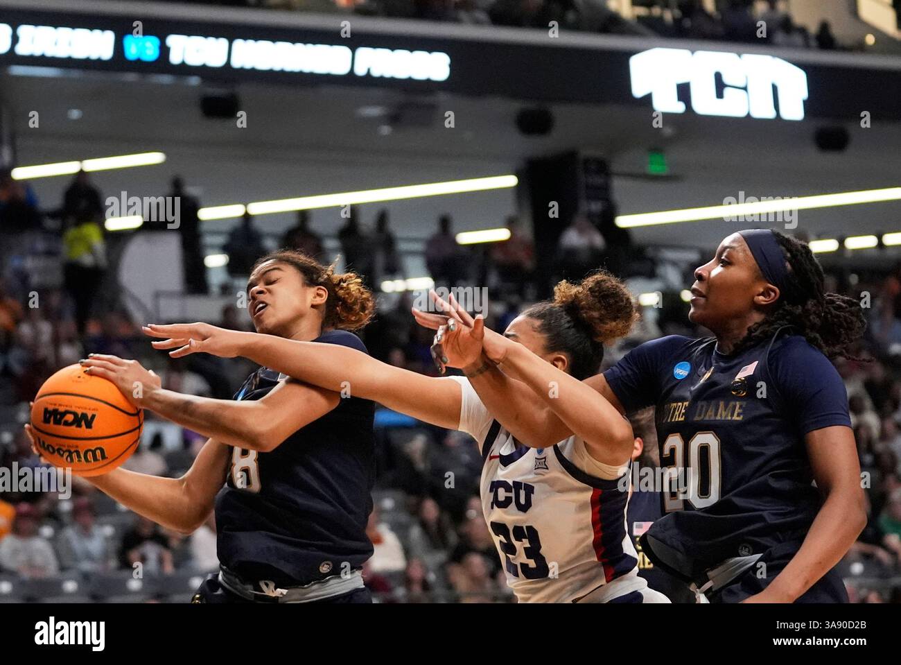 Notre Dame guard Cassandre Prosper (8) and forward Liatu King (20 ...