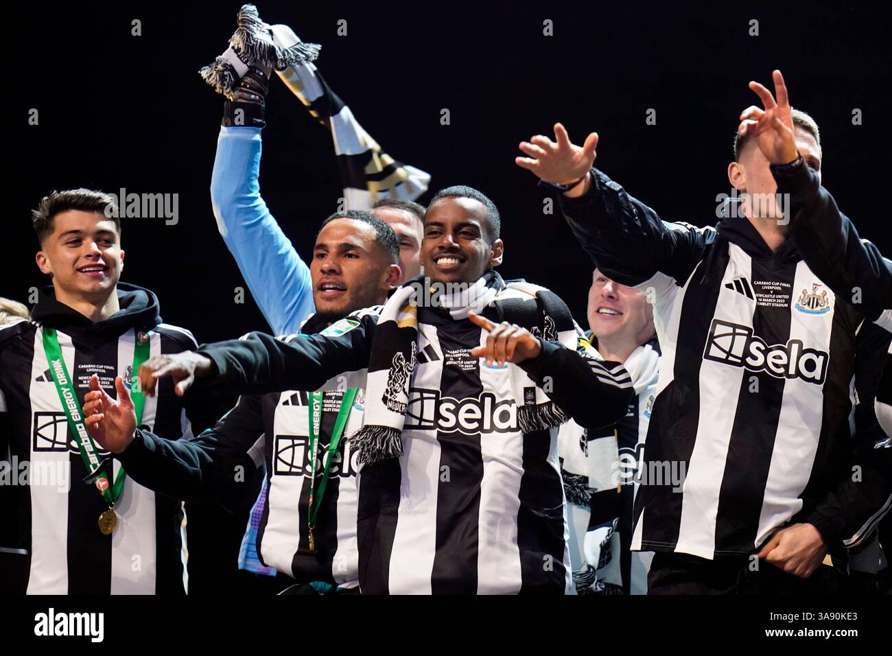 Newcastle United's Alexander Isak (centre) on stage during the Carabao ...
