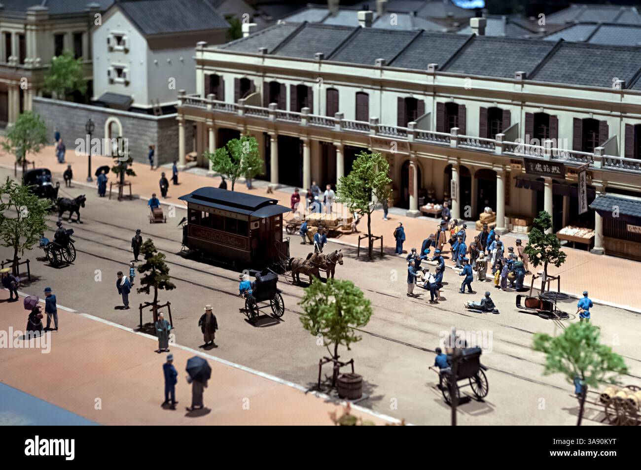 A miniature scale model of a street scene during the Tokyo Meiji Period ...