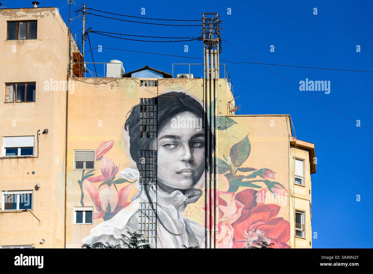 Painting mural in apartment building wall, Murcia, Spain Stock Photo ...