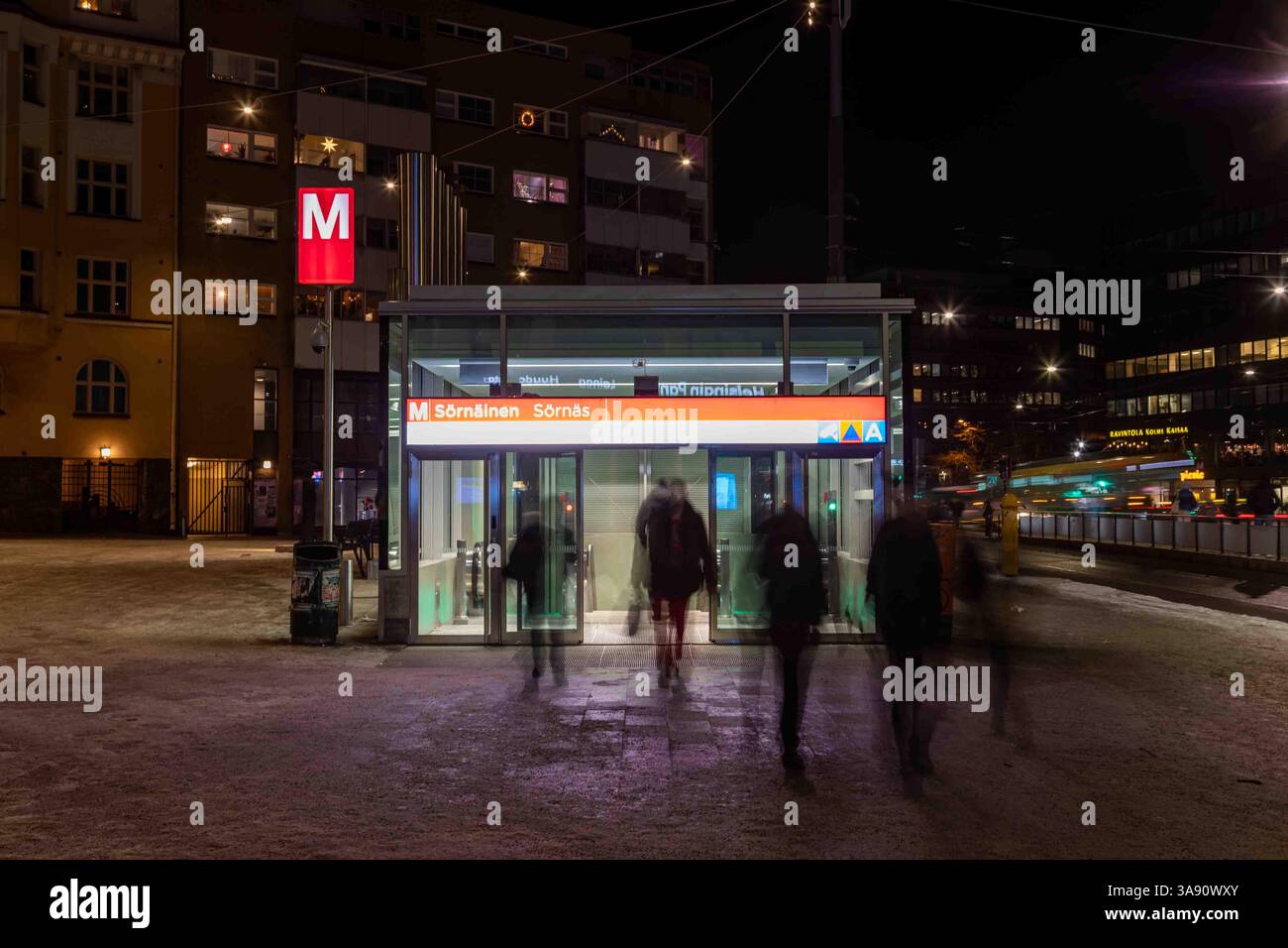 Sörnäinen metro station entrance after dark on Vaasanpuistikko, also ...
