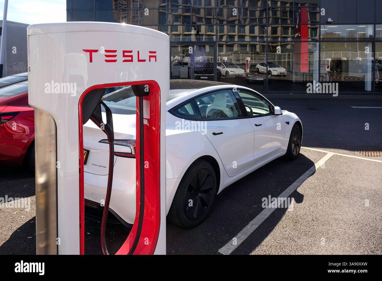 Tesla vehicles on forecourt of the car manufacturer's London showroom ...