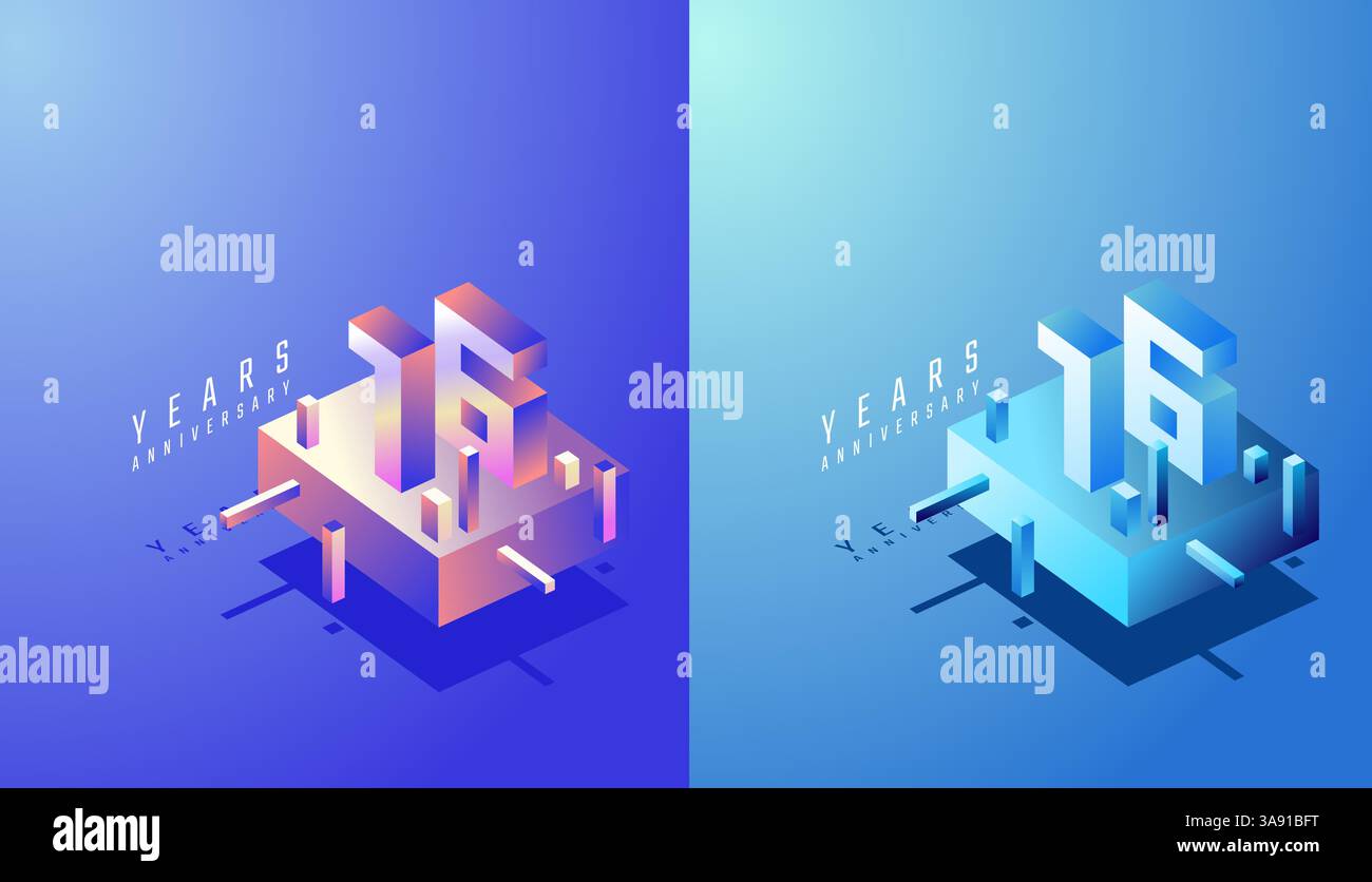 3D Isometric Anniversary Design 16th, 16th Years Anniversary in ...