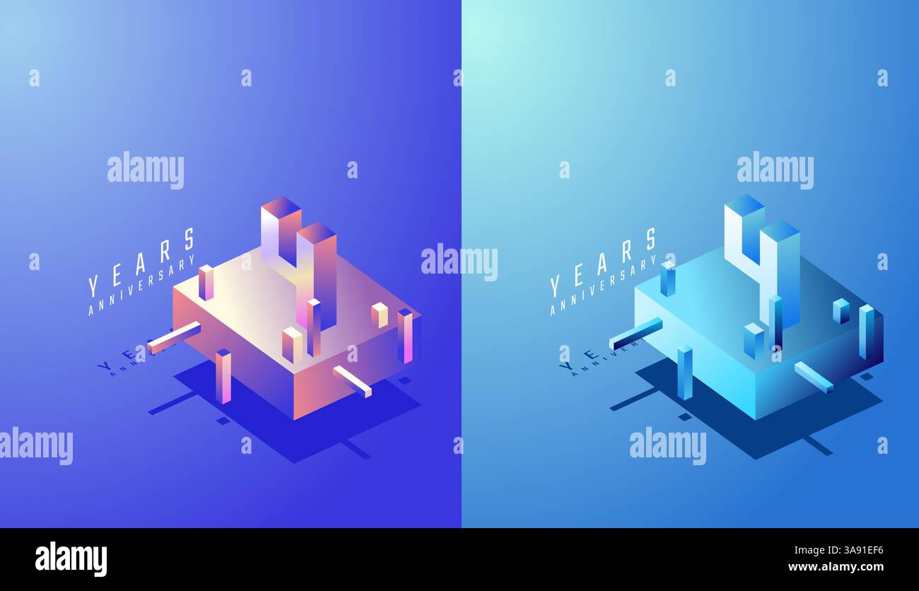 3D Isometric Anniversary Design 4th, 4th Years Anniversary in Colourful ...