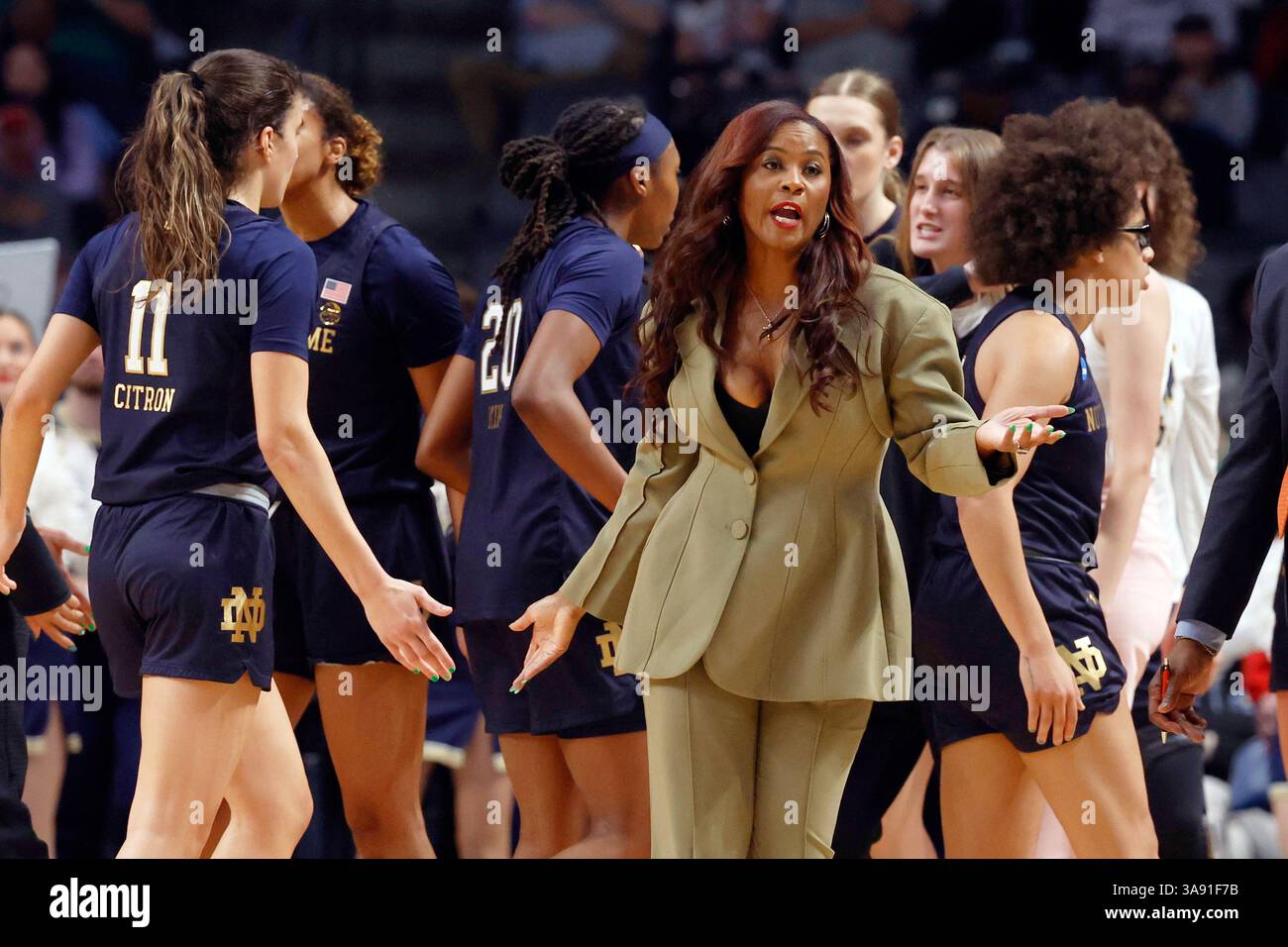 Notre Dame head coach Niele Ivey reacts to a call during the second ...