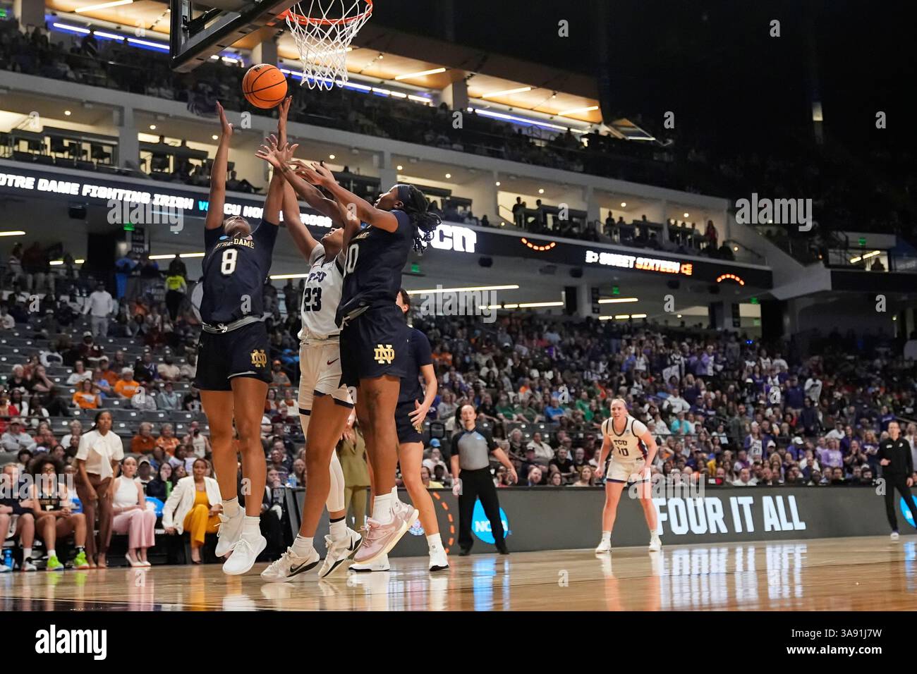 Notre Dame guard Cassandre Prosper (8) and forward Bella Tehrani (10 ...