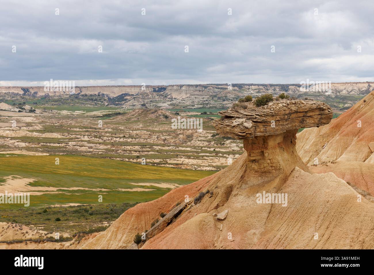 view of the upper part of a fairy chimney in the desert of Bardenas ...