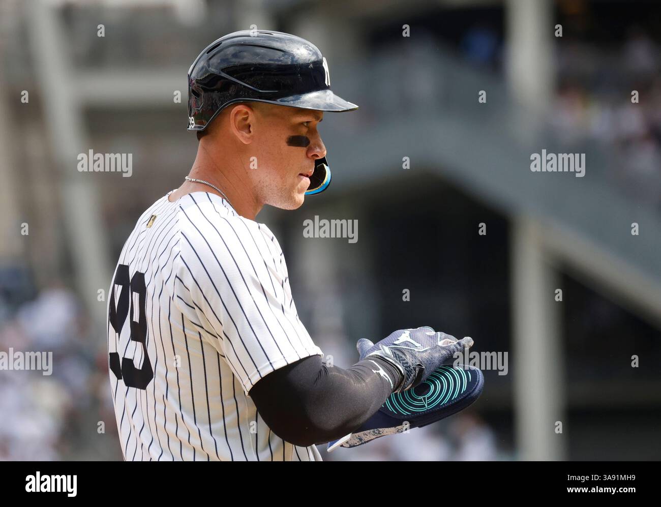 New York Yankees Aaron Judge stands in third base in the 2nd inning ...