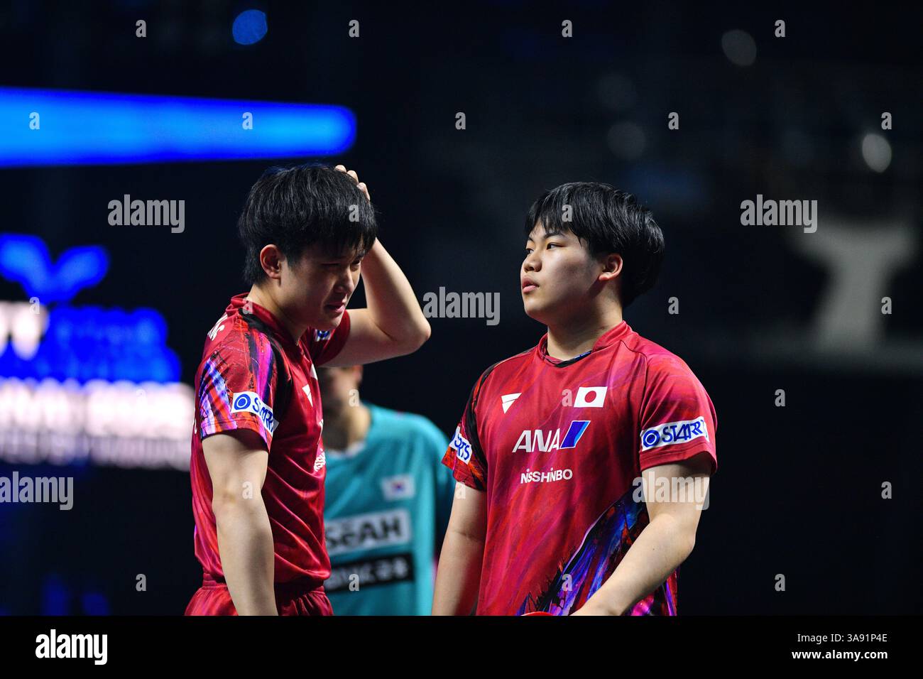 Chennai, India. 29th March, 2025. Korean pair Lim Jonghoon and AN Jeehyun won against Japan pair ...