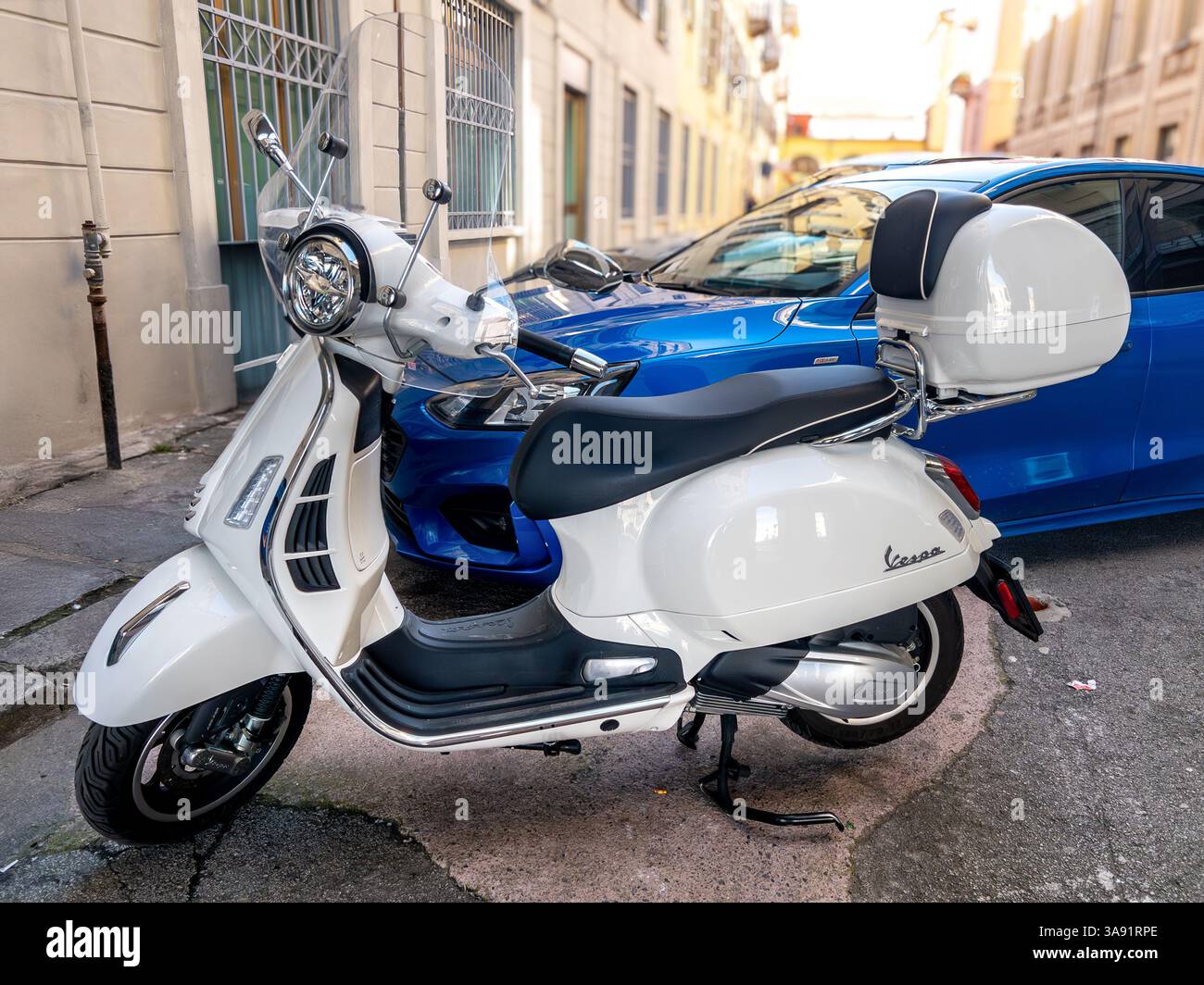 Cuneo, Piedmont, Italy - March 28, 2025: white Vespa scooter, modern version of iconic Vespa ...