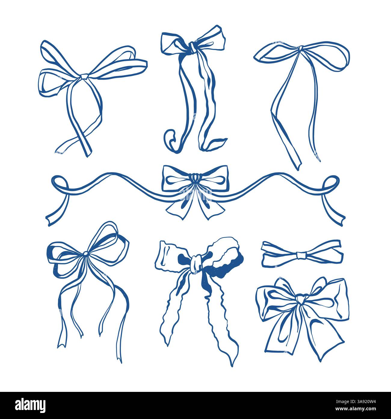 Set of bow in vintage style. Doodle outline bow. Design elegant blue ...