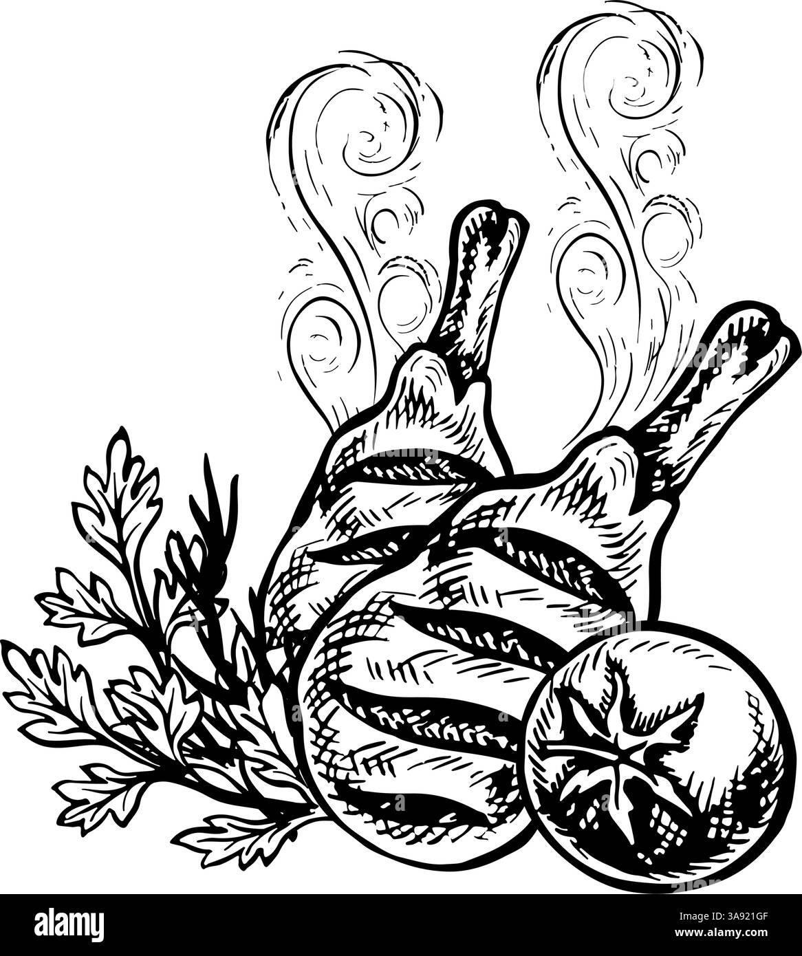 Hot grilled chicken leg with vegetables. Vector graphics depicting a ...