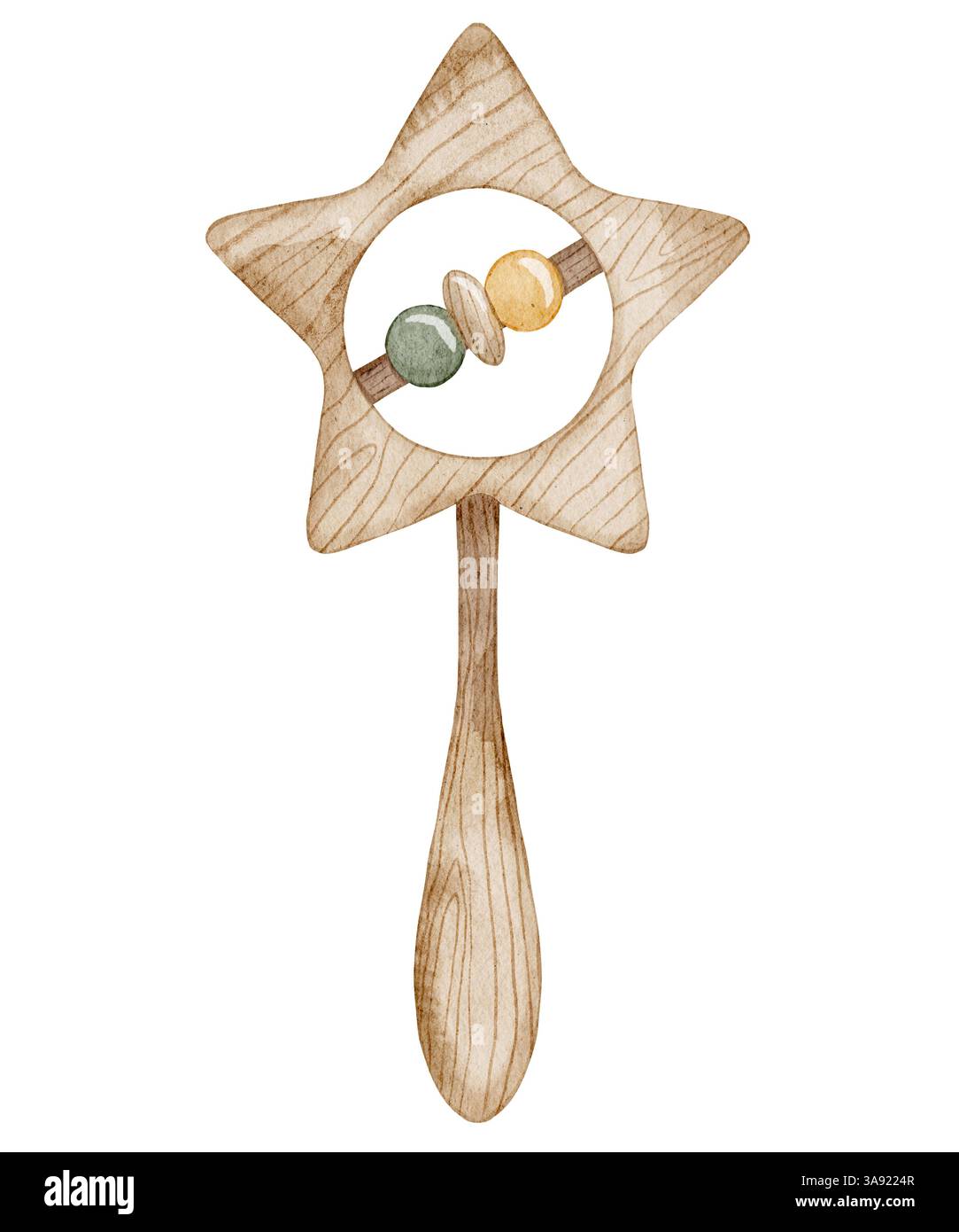 Watercolor illustration of wooden Baby Rattle with a star-shaped frame ...