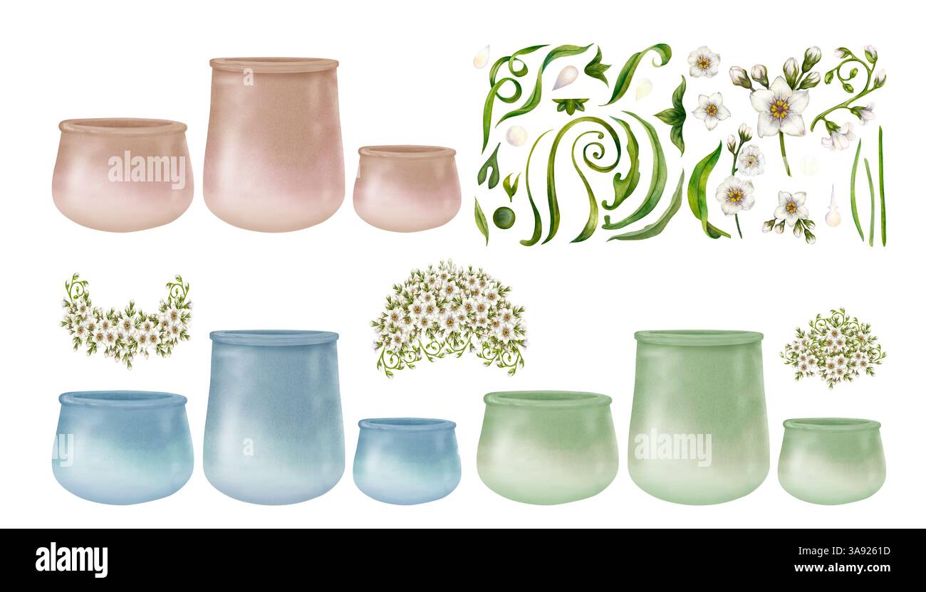 White flowers primroses in blue, green, beige ceramic pots. Watercolor ...