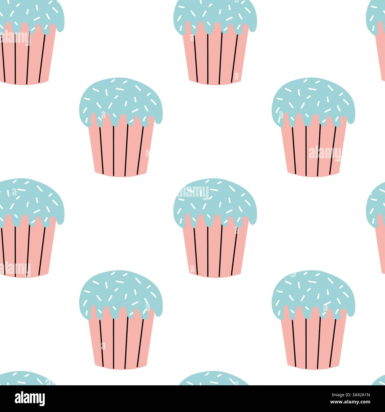 Colorful cupcake pattern with blue frosting and pink wrappers on a ...