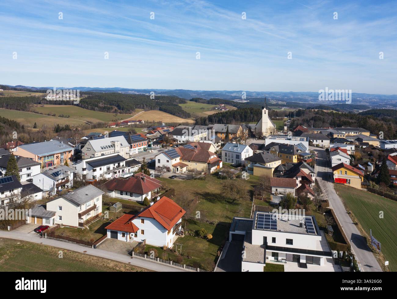 Drone image, view of village with parish church, Altenberg near Linz ...