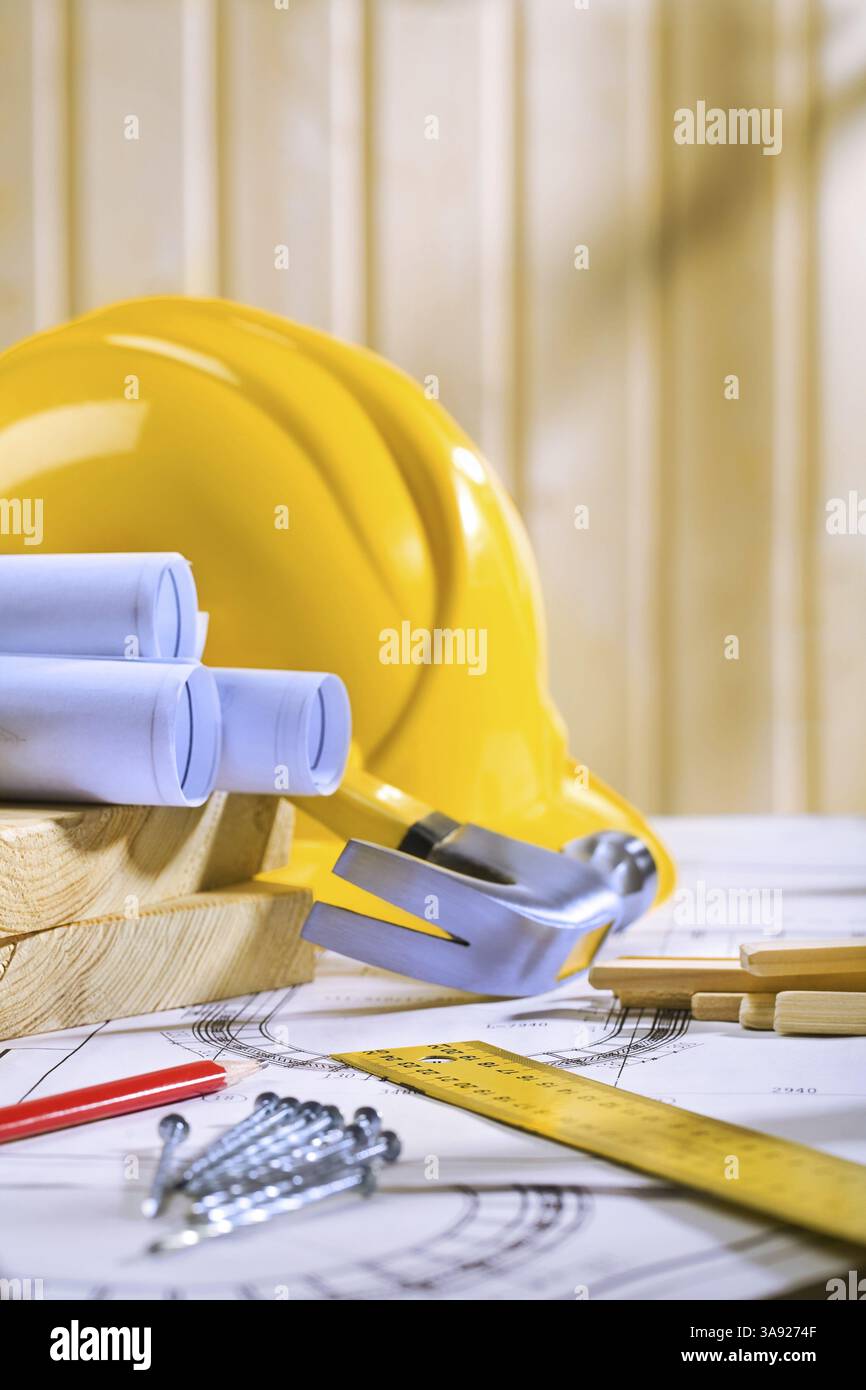 Carpentry tools on blueprint Stock Photo - Alamy