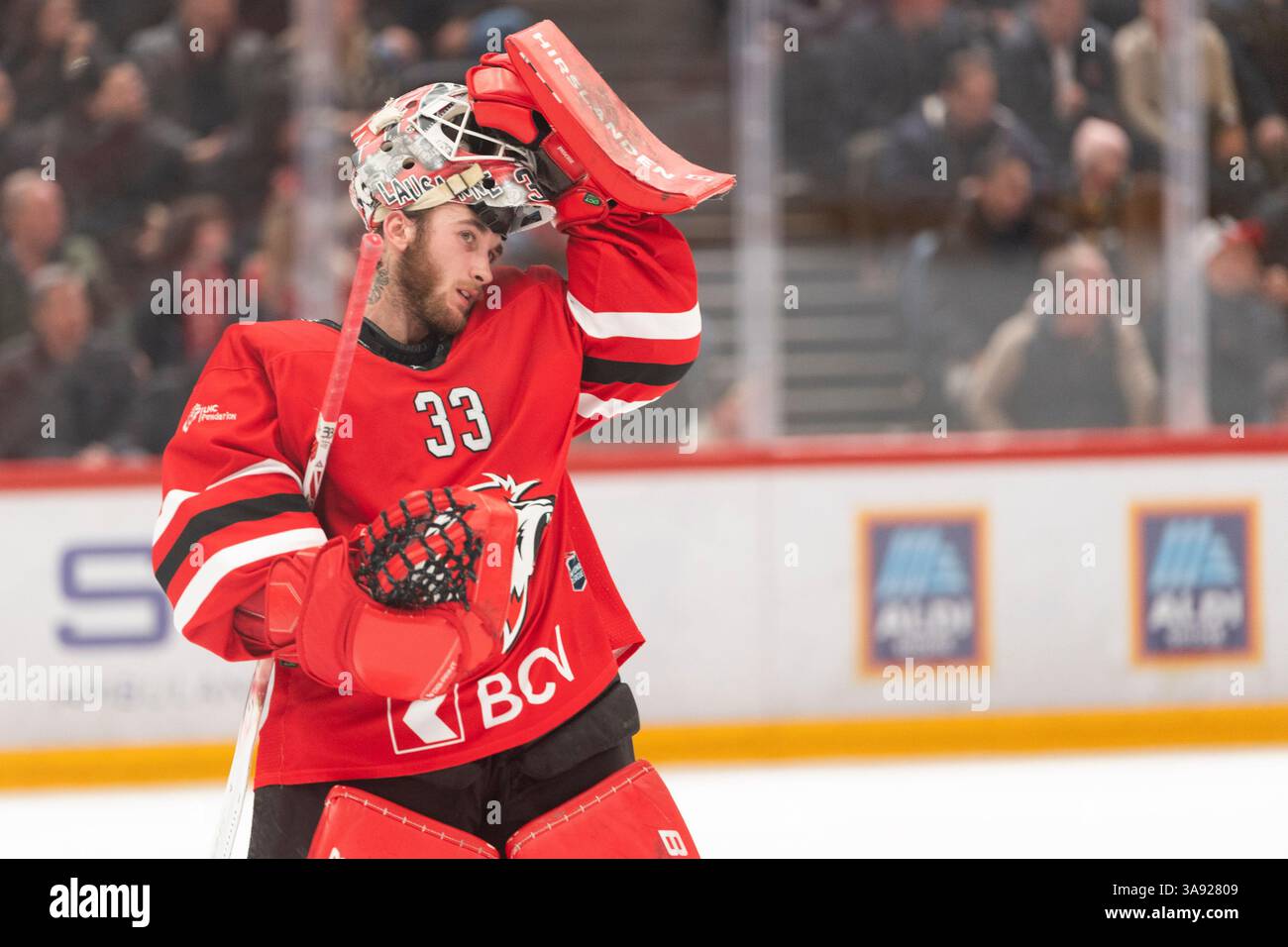 Lausanne, Switzerland. , . Kevin Pasche (goalkeeper) of Lausanne HC #33 ...