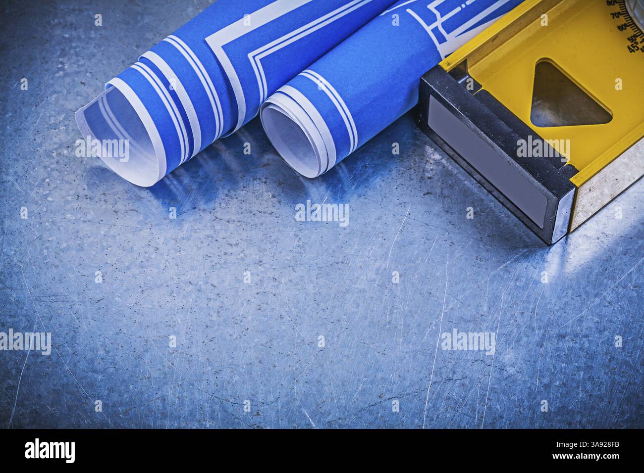 Set of blue blueprints construction level on metallic background Stock ...