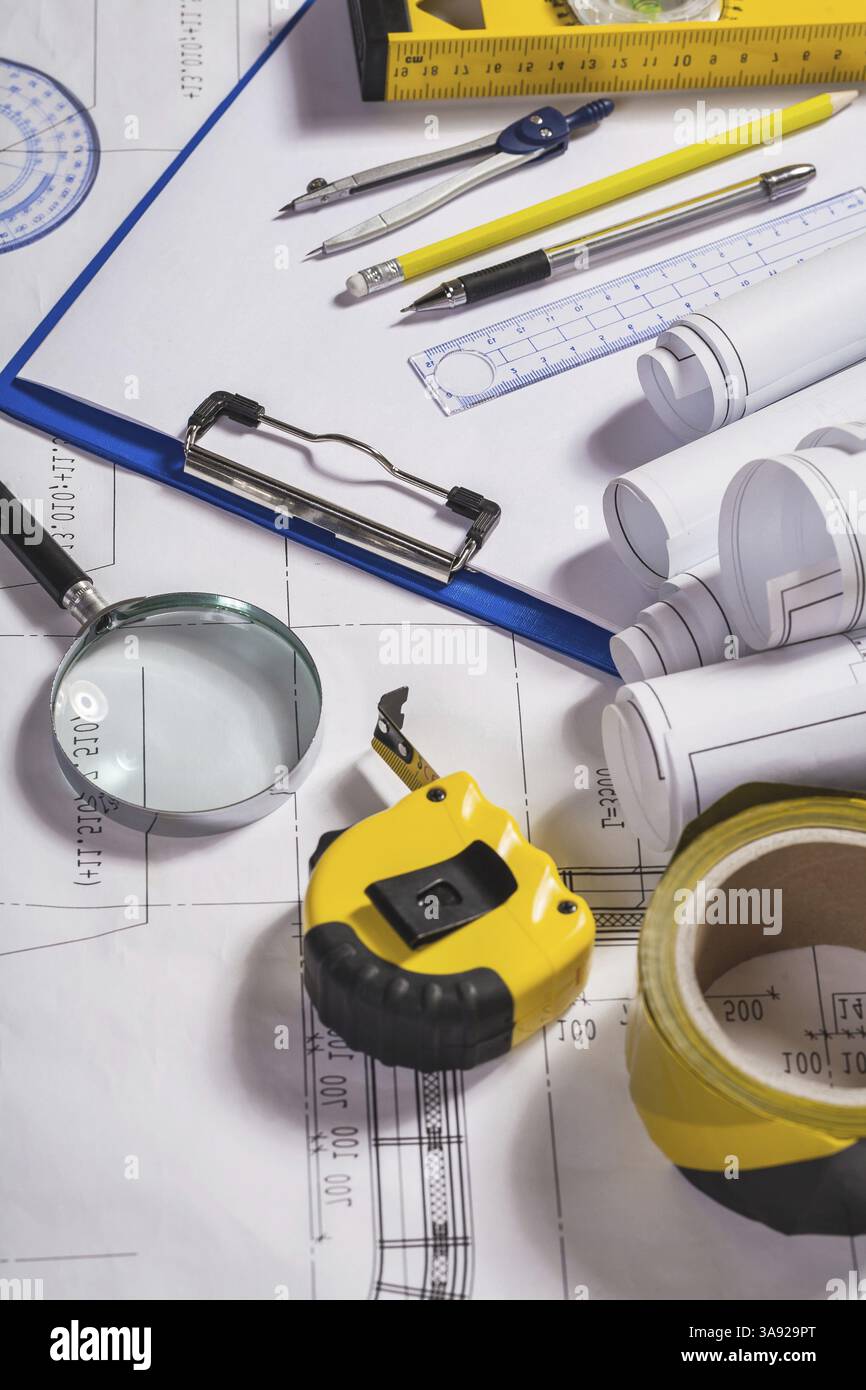 Engineer tools on blueprint Stock Photo - Alamy