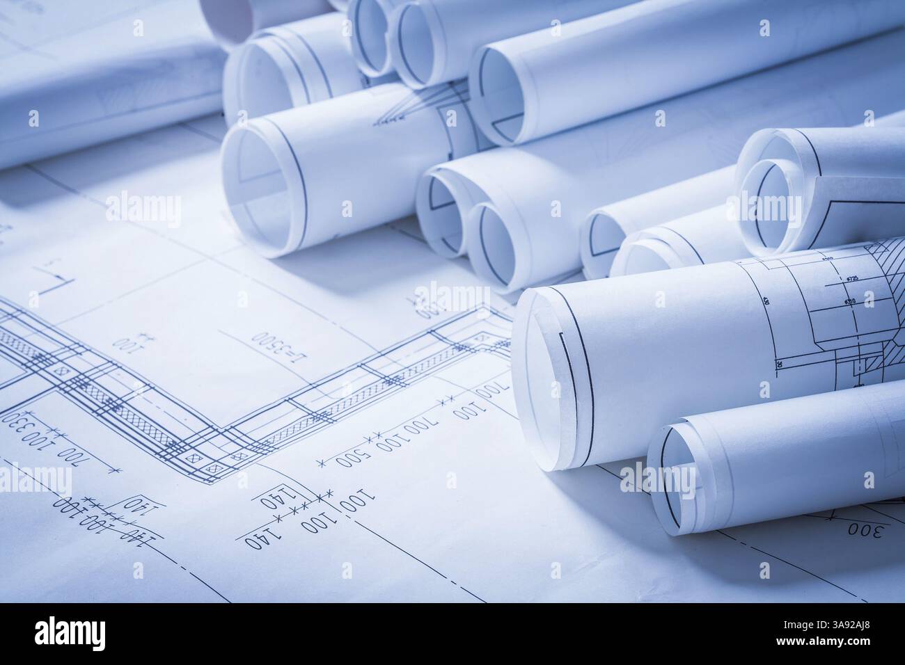 Heap of engineering construction drawings building concept Stock Photo ...