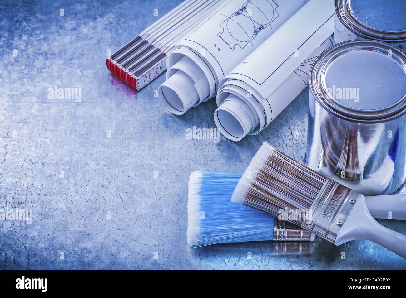 Set of paint brushes cans construction plans wooden meter Stock Photo ...