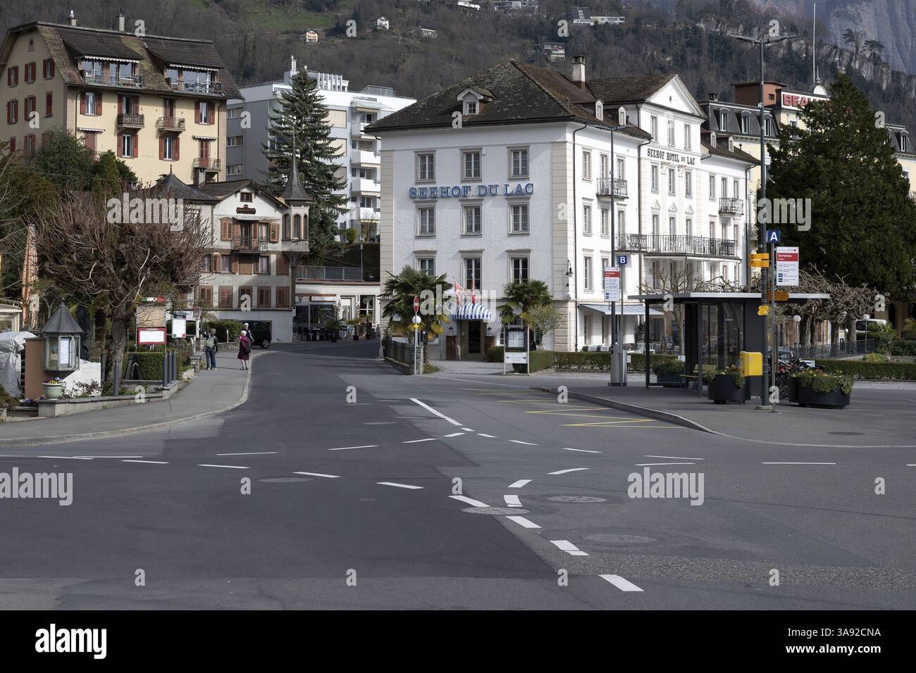 Road junction and bus stop Stock Photo - Alamy