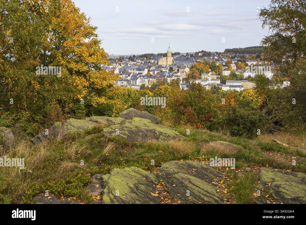 Rock of the Devil's Pulpit with town view of Annaberg with St. Anne's ...