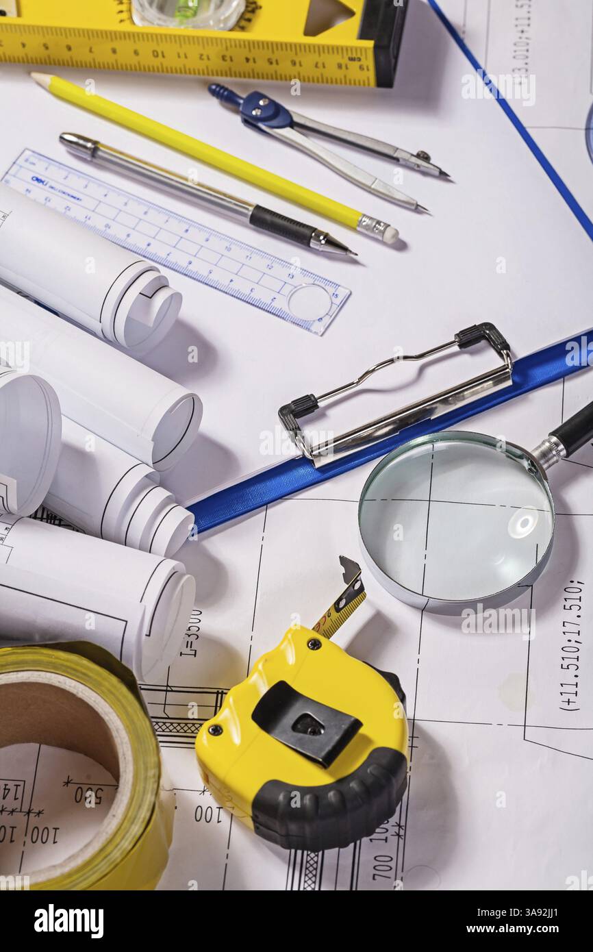 Set of architect tools on blueprint Stock Photo - Alamy