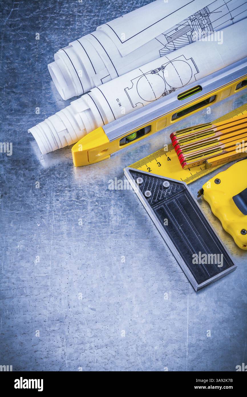 Try square construction level wooden meter blueprints and tape-line on ...