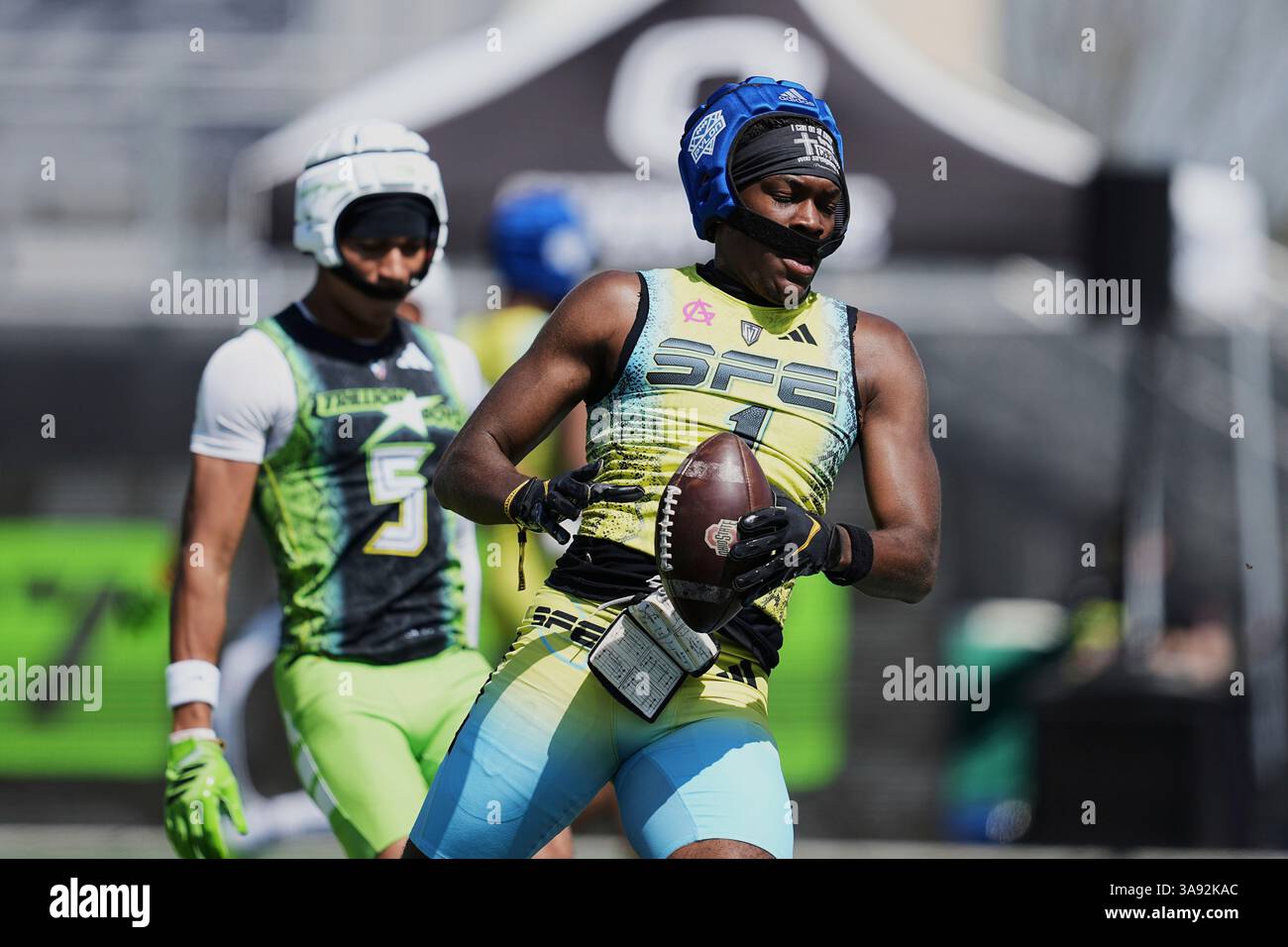 SFE wide receiver Jabari Brady (1) catches a touchdown pass as Trillion ...