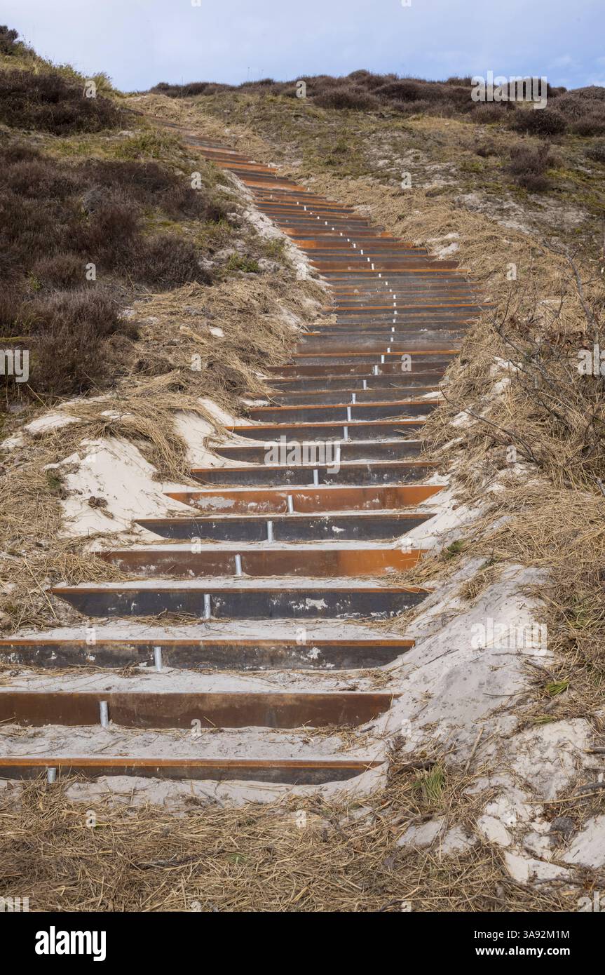 Rusty metal staircase climbing a sandy hillside covered in dry grass ...