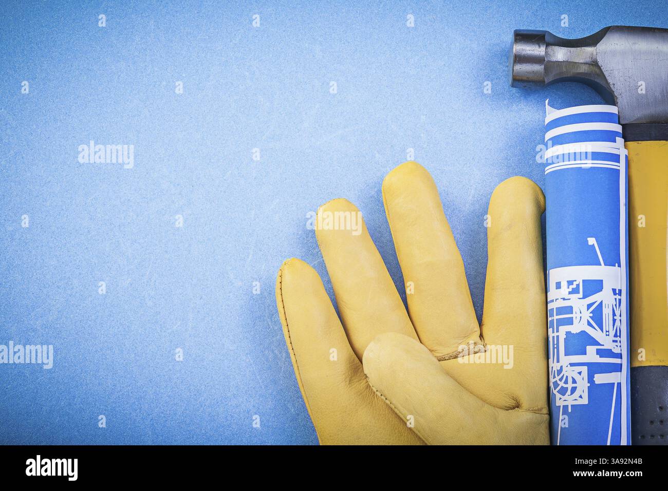 Set of claw hammer protective gloves blueprints on blue background ...