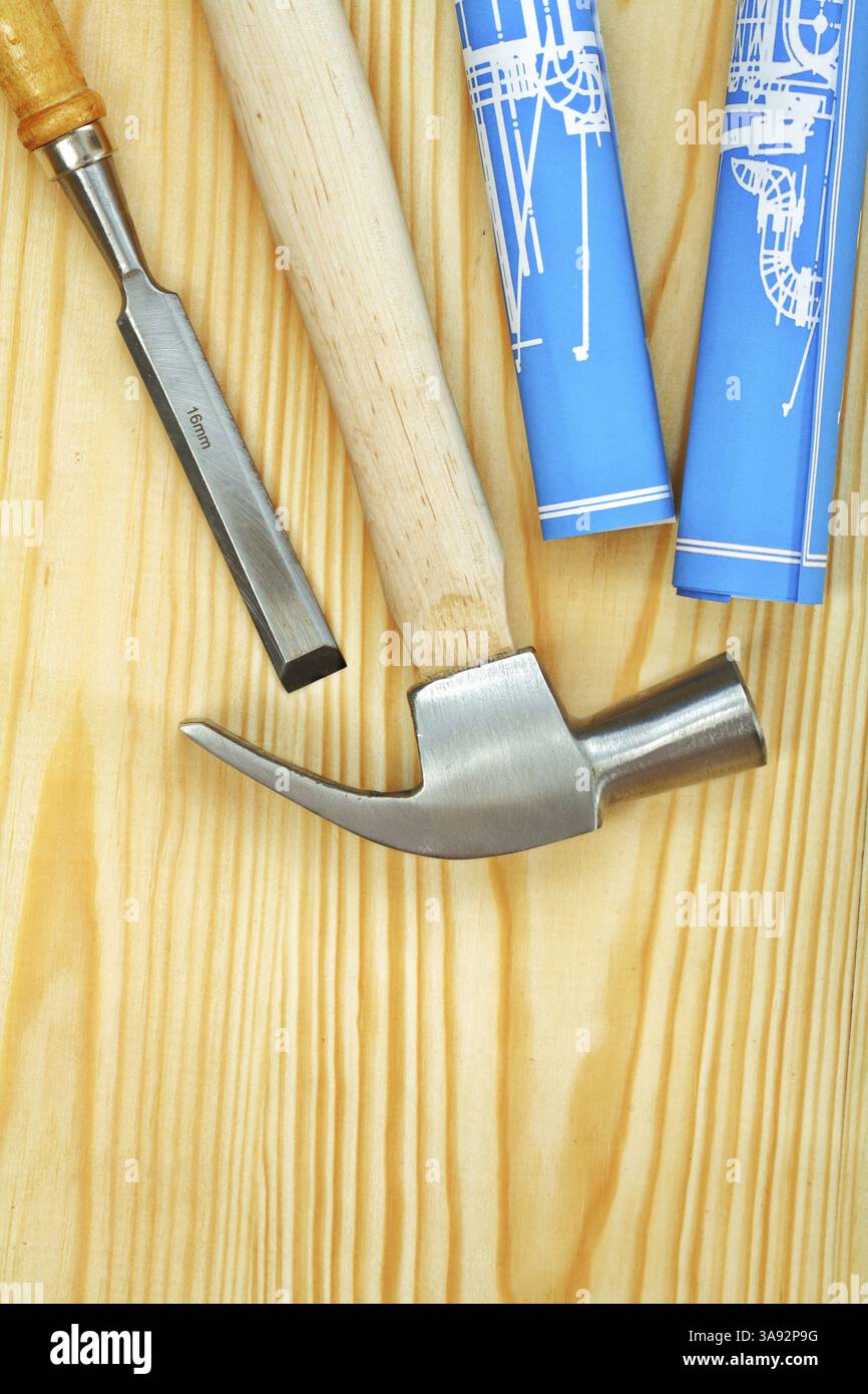 Hammer chisel blueprints Stock Photo - Alamy