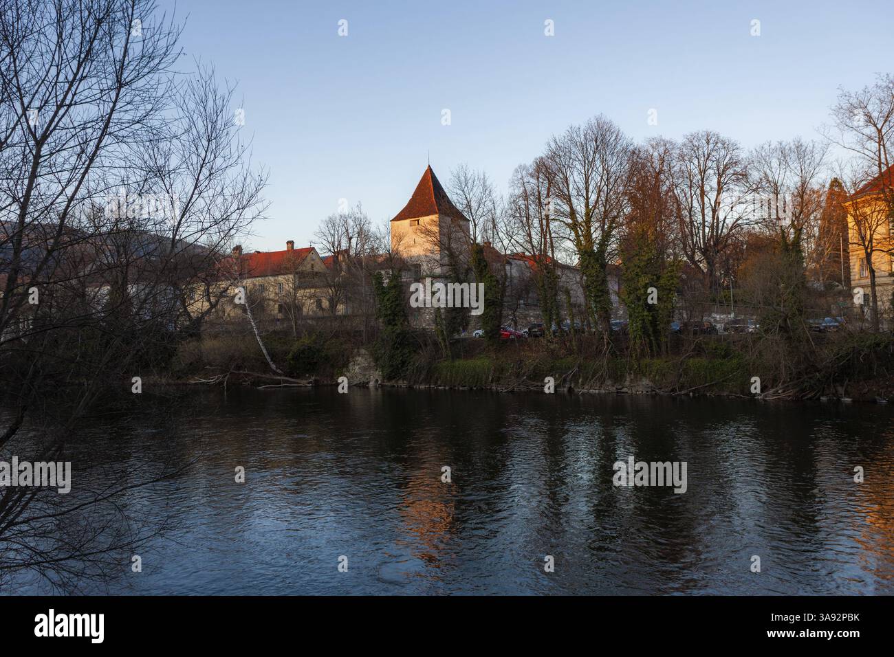 Freimannsturm, medieval town tower on the River Mur, Leoben, Styria ...