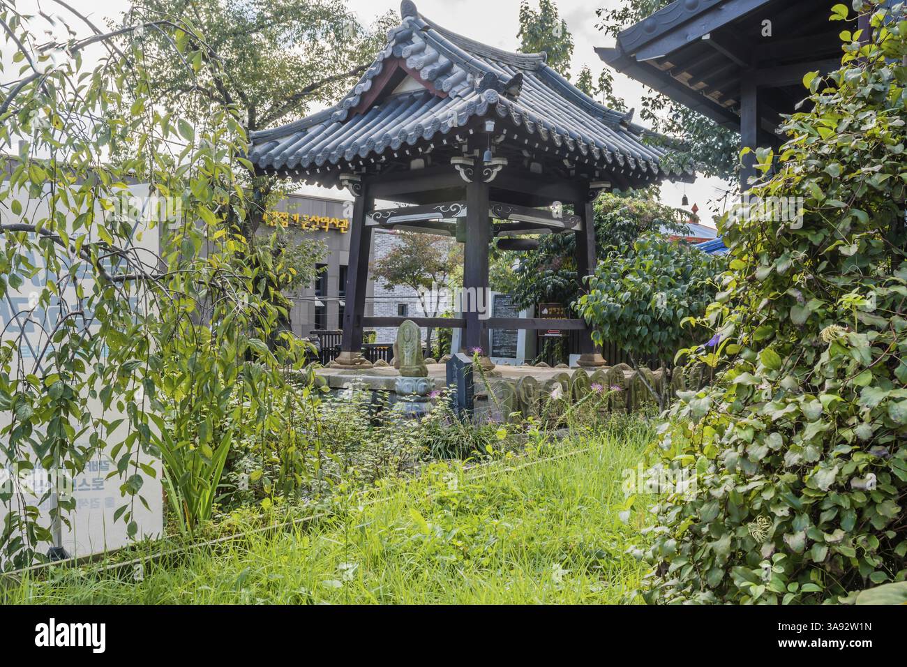 Geumsan, South Korea, September 12, 2020: Side view of wooden bell ...