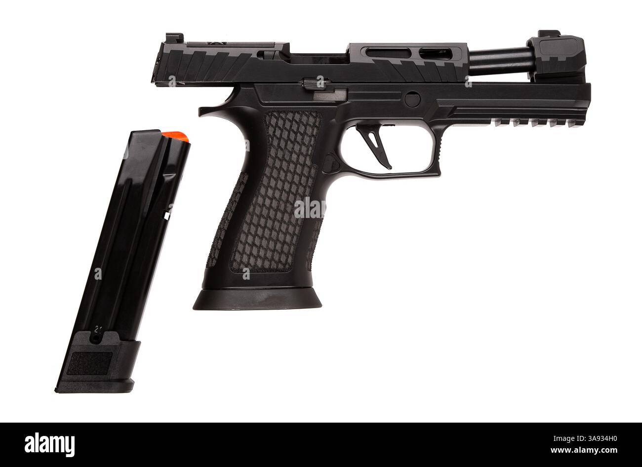 A black semi-automatic pistol with a textured grip, tactical rail, and ...