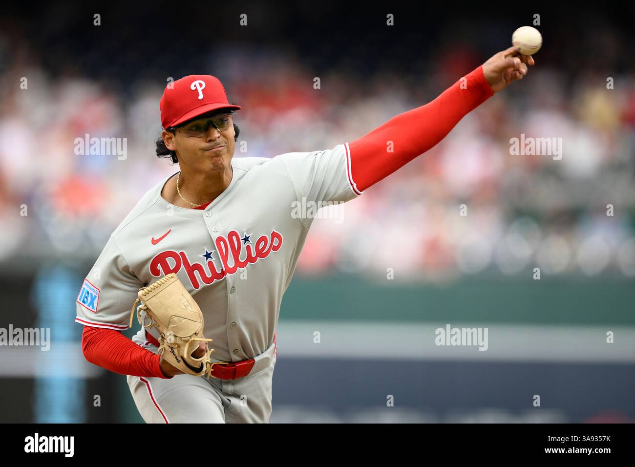 Philadelphia Phillies starting pitcher Jesus Luzardo throws during the first inning of a ...