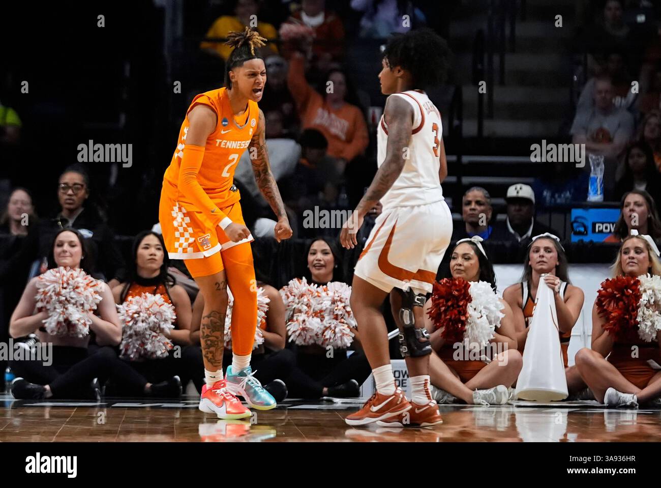 Tennessee guard Ruby Whitehorn (2) reacts in from to Texas guard Rori ...