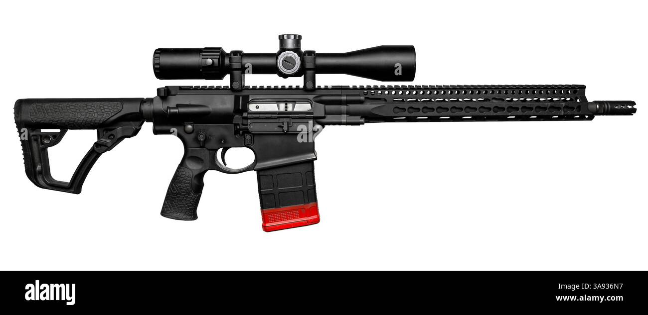 A modern black rifle with a scope, featuring a tactical design and a ...