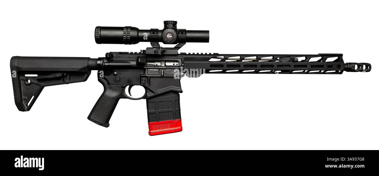 A modern black rifle with a scope, featuring a tactical design and a ...