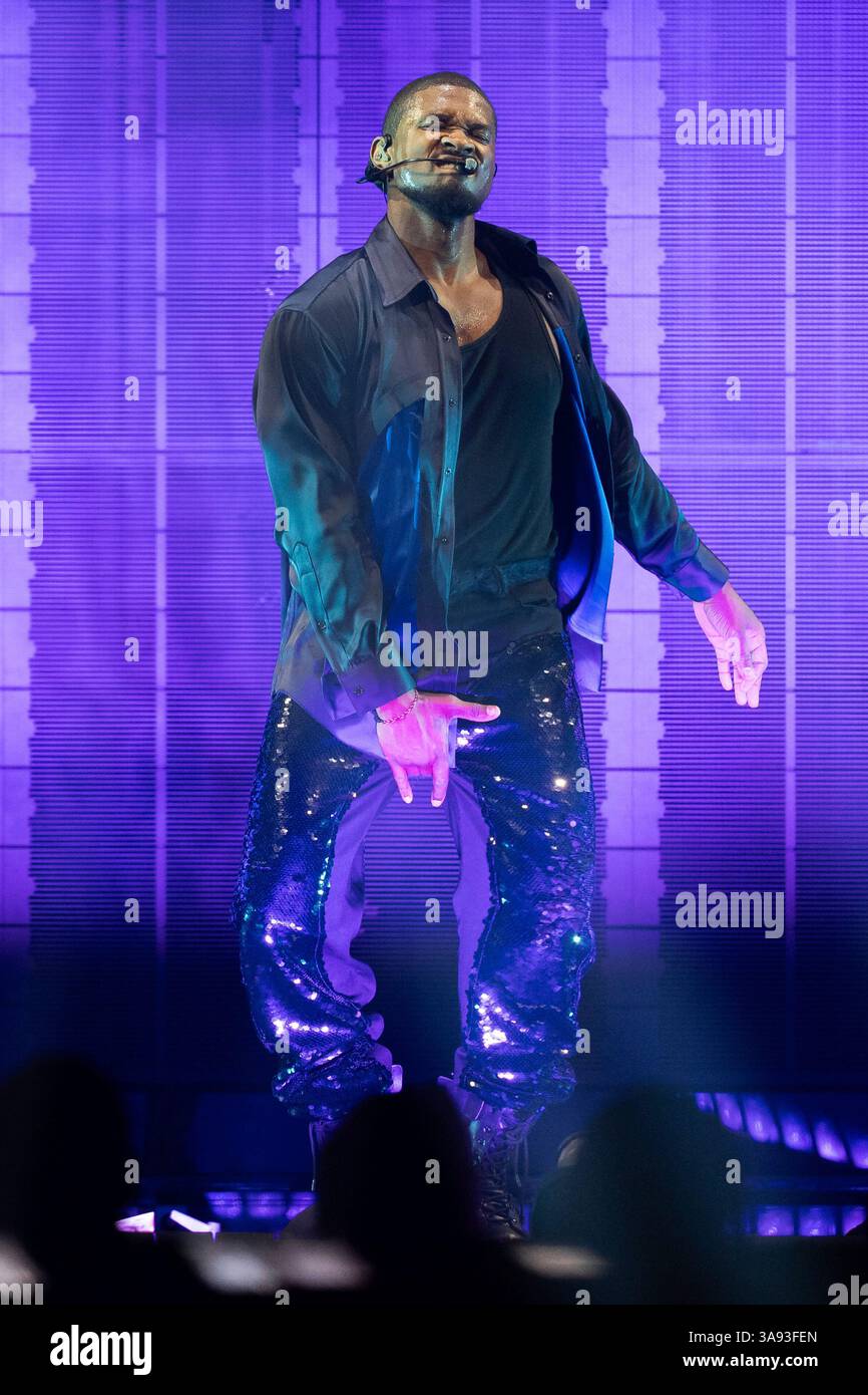 Usher performs on stage at the O2 Arena in London, Saturday, March 29 ...