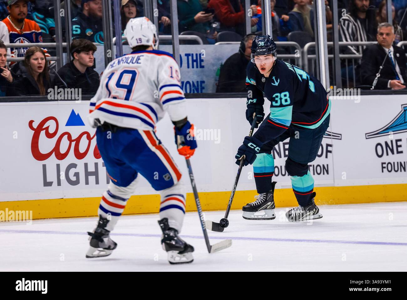 Seattle Kraken right wing Jani Nyman (38) skates towards Edmonton ...