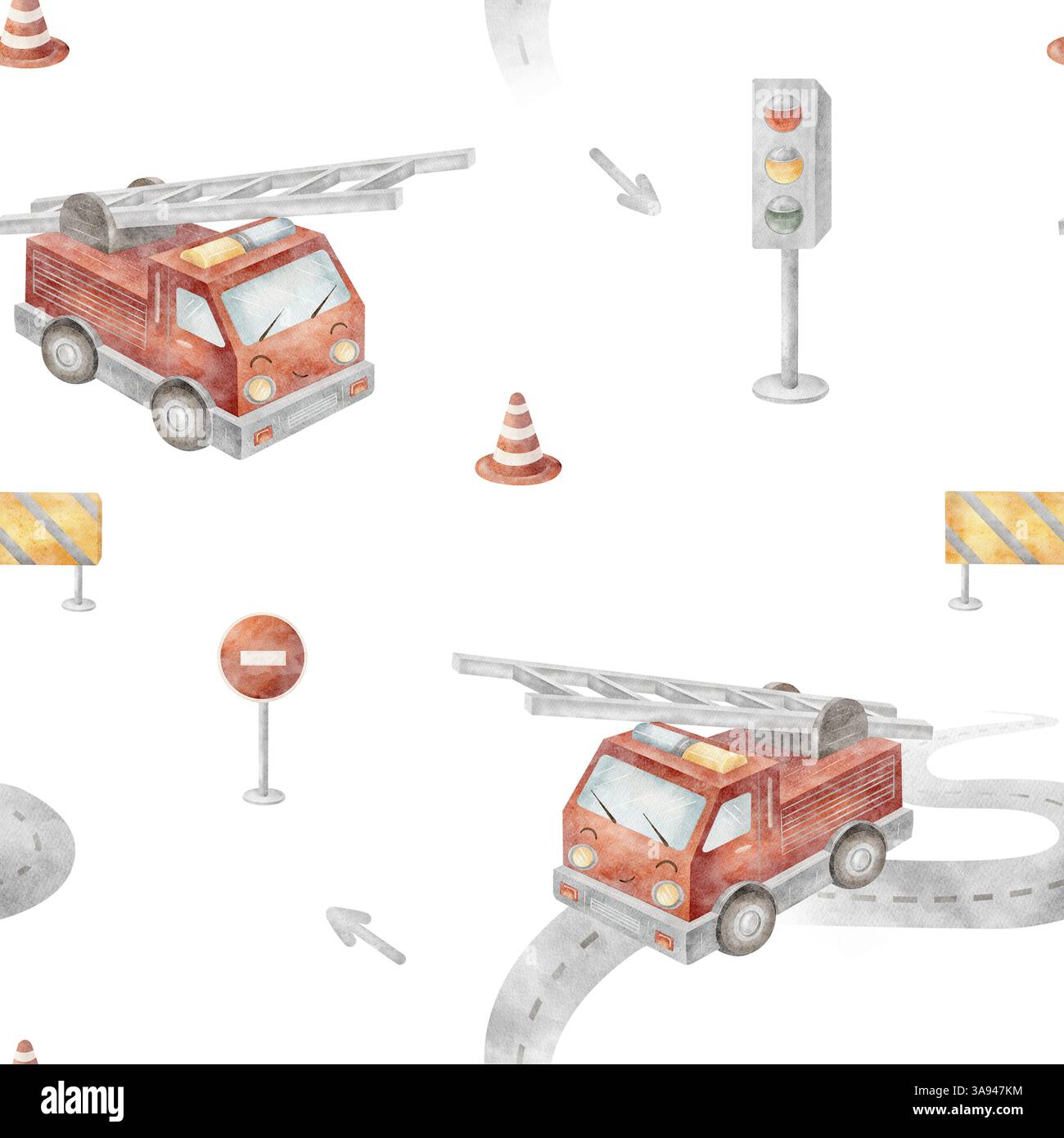 Pattern watercolor fire car, traffic light, road signs. Seamless print ...